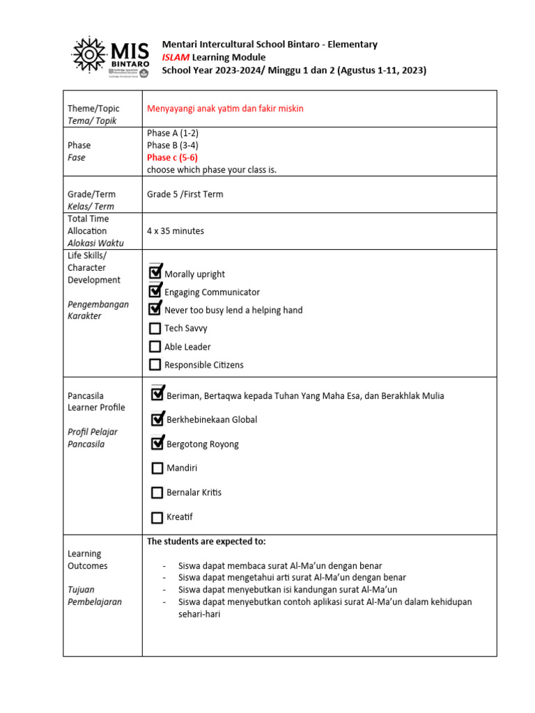 Modul Ajar Kelas 5 - Al-Maun | PDF | Karier & Perkembangan | Seni & Disiplin Bahasa