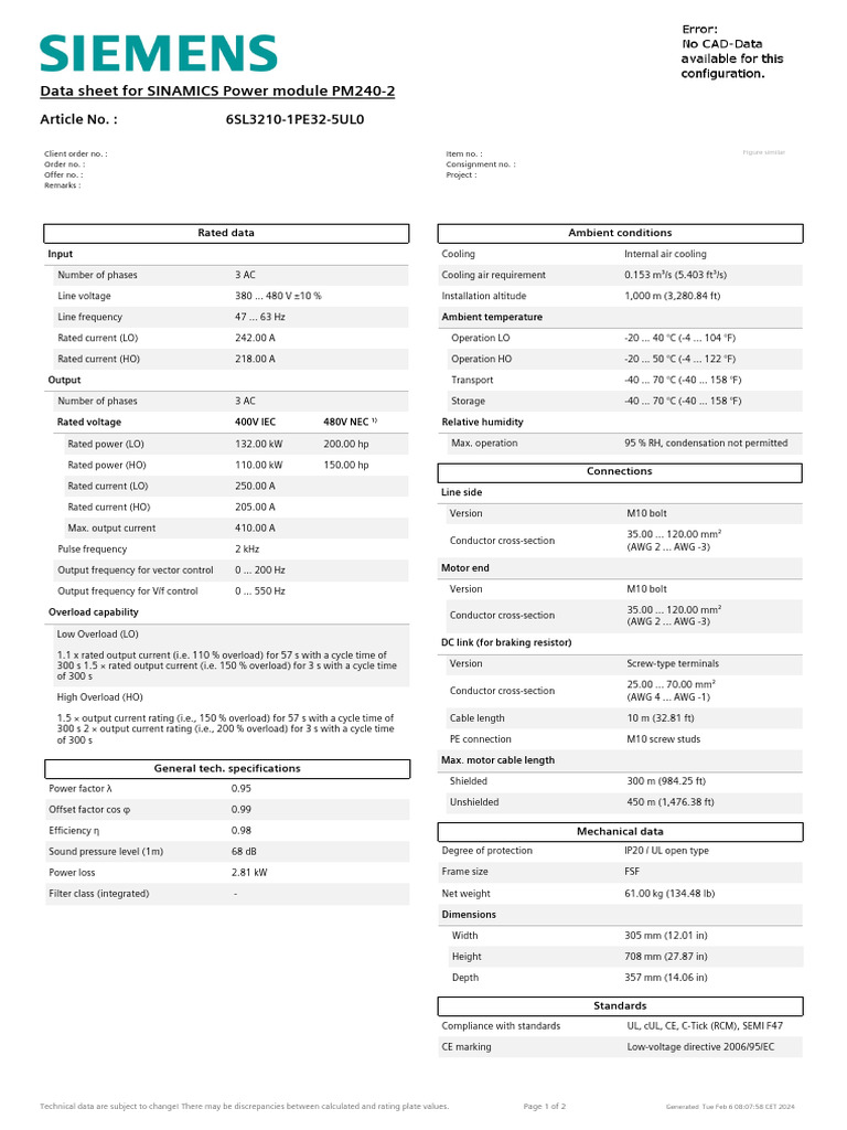 SINAMICS PM240-2 Data Sheet 6SL3210-1PE32-5UL0 | PDF | Alternating ...