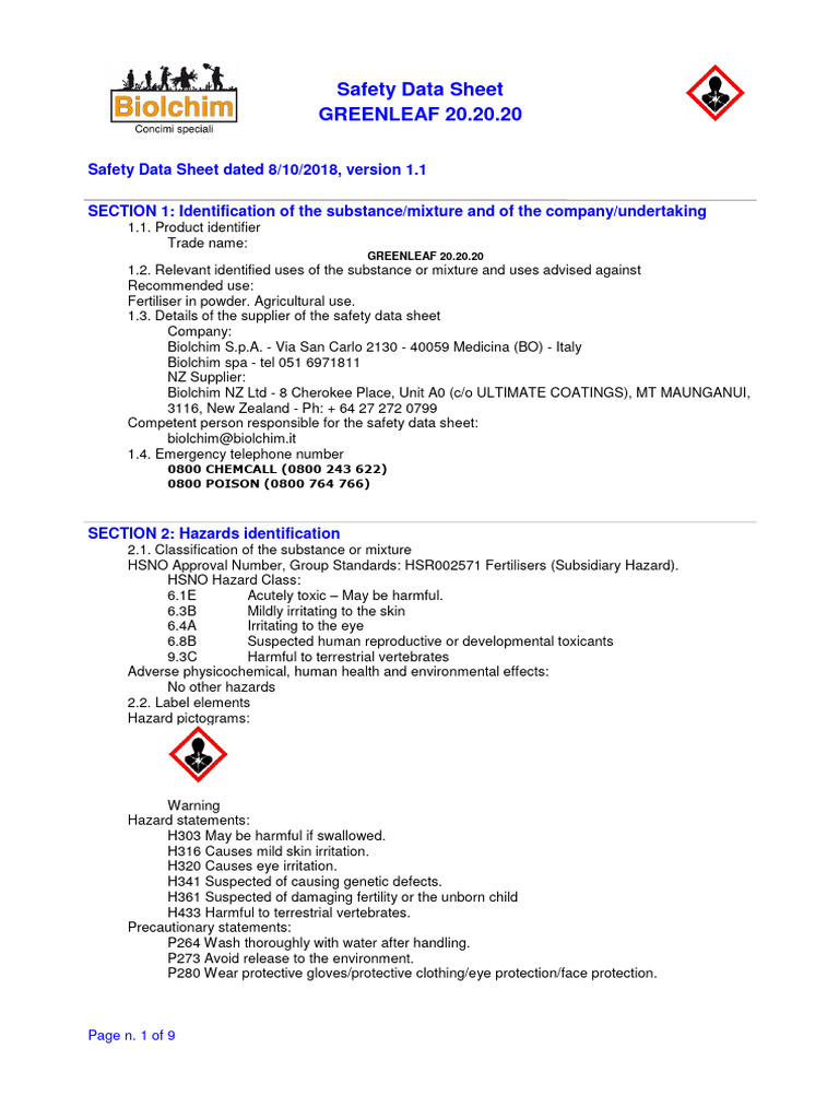 Greenleaf 20-20-20 Safety Data Sheet | PDF | Dangerous Goods | Workplace