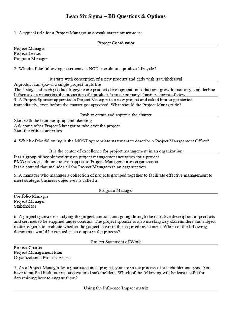 Lean Six Sigma BB - Questionnaire | PDF | Project Management | Business