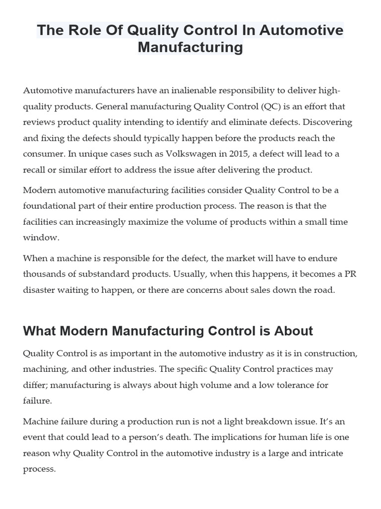 The Role of Quality Control in Automotive Manufacturing | PDF ...