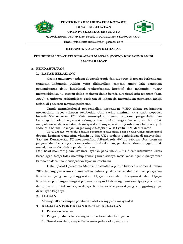 KAK Pemberian Obat Pencegahan Massal Popm Kecacingan Pada Masyarakat | PDF