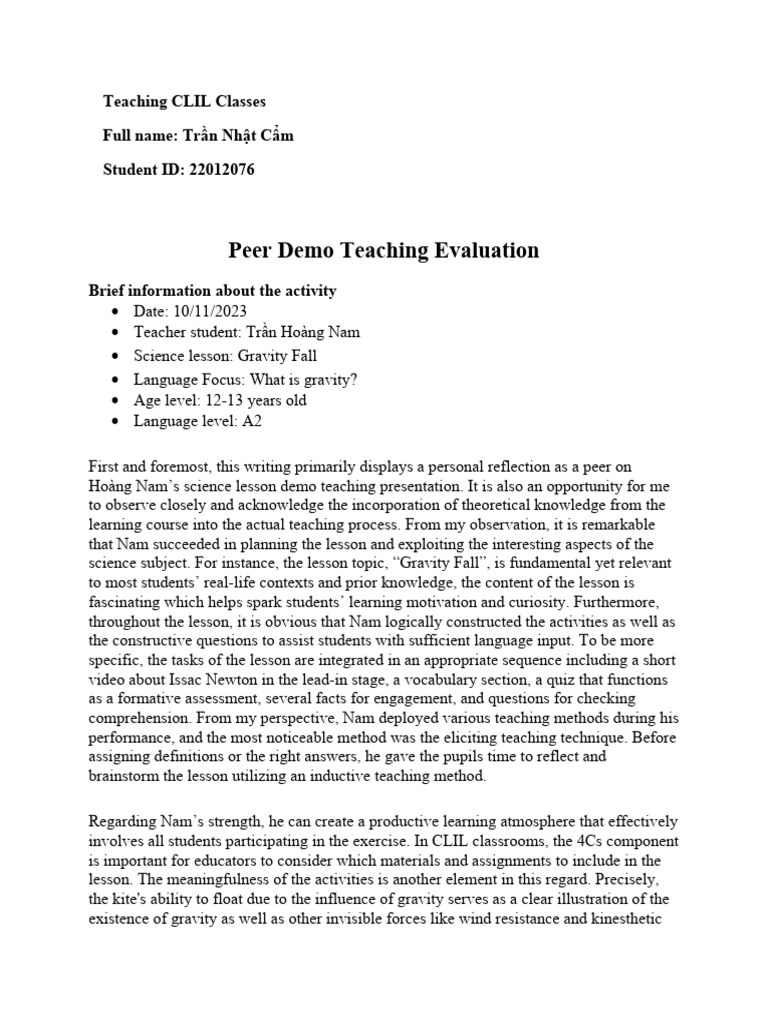 CLIL Peer Evaluation: Gravity Lesson | PDF | Teaching Method | Evaluation