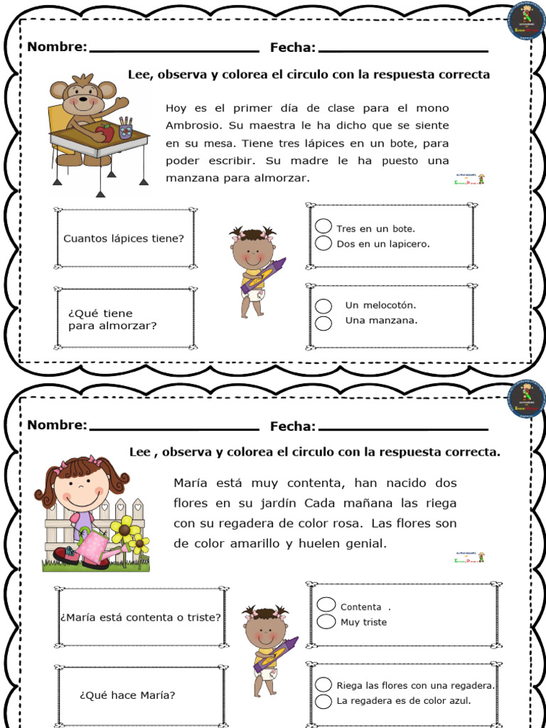 Bonitas Fichas para Trabajar Las Lecturas Comprensivas | PDF