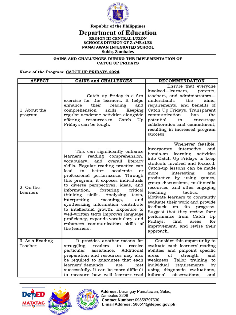 Catch-Up-Fridays-Gains-Challenges-and-Recommendation | PDF | Learning ...