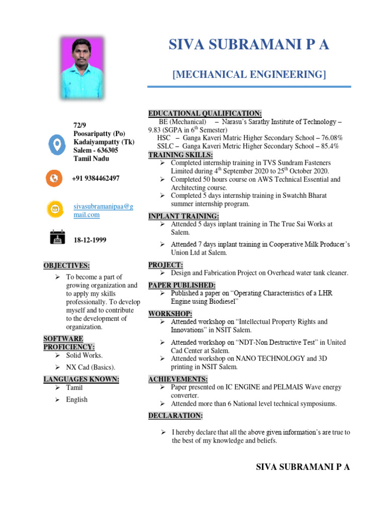 SIVA SUBRAMANI P A Resume Final 2 | PDF | Engineering