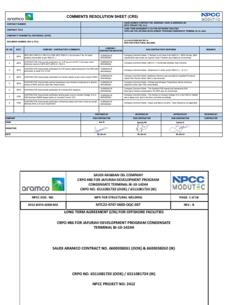 Comments Resolution Sheet (CRS) | PDF | Industrial Processes | Joining