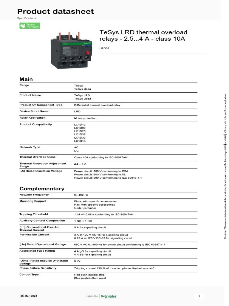 Schneider Electric - TeSys-Deca-Thermal-Overload-Relays - LRD08 ...