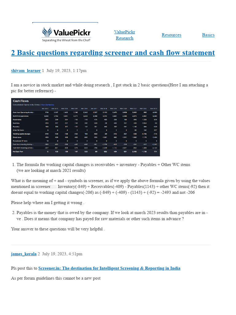 2 Basic Questions Regarding Screener and Cash Flow Statement-Investing Basics Q&A-ValuePickr ...