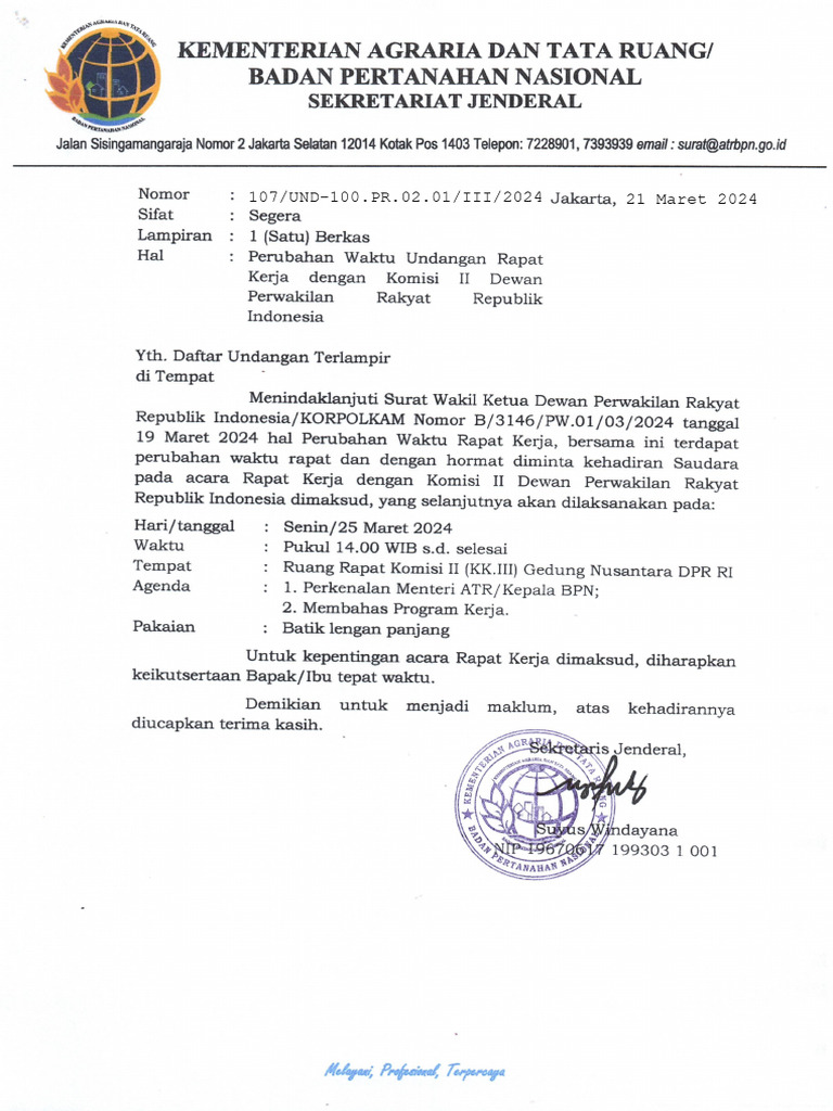 Undangan Rapat Kerja Komisi II DPR RI 25 Maret 2024 | PDF