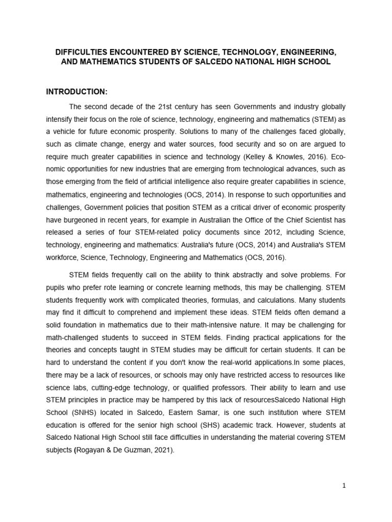 Difficulties Encountered by Stem Students of SNHS | PDF | Science ...