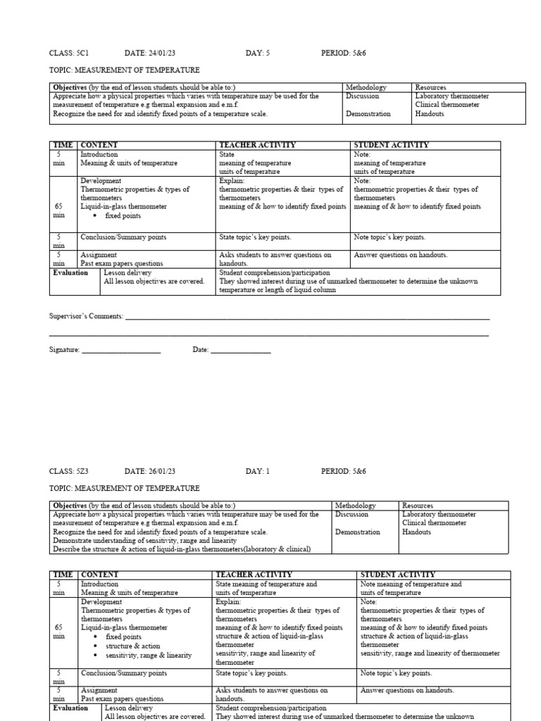 lesson plans 2023 | PDF | Thermometer | Refraction