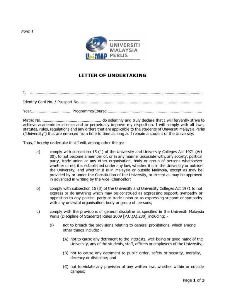 Letter of Undertaking: Form 1 | Download Free PDF | Justice | Crime ...