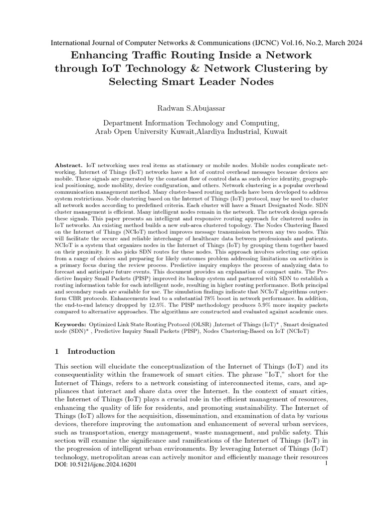 Enhancing Traffic Routing Inside A Network Through Iot Technology And Network Clustering By