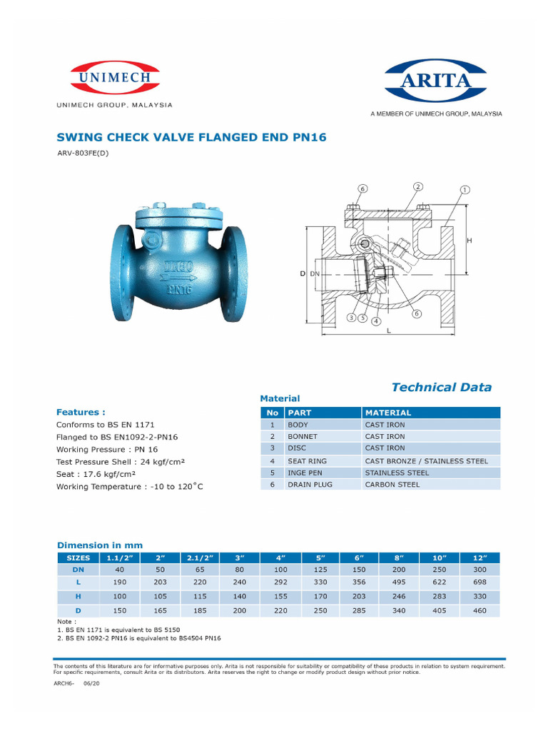 Arita CI Swing Check Valve PN16 | PDF