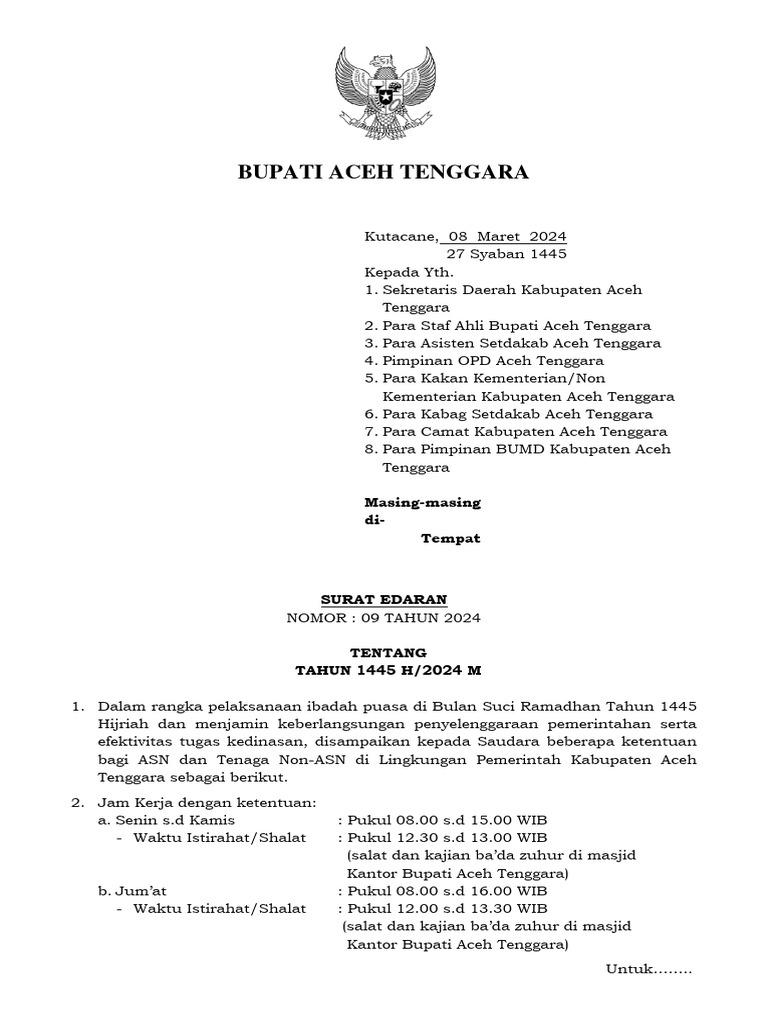 SE Bupati - Penetapan Jam Kerja Bulan Ramadhan 1445 H | PDF