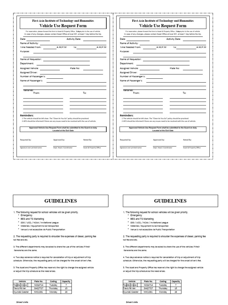 Vehicle Request Form | PDF | Motor Vehicle | Transport