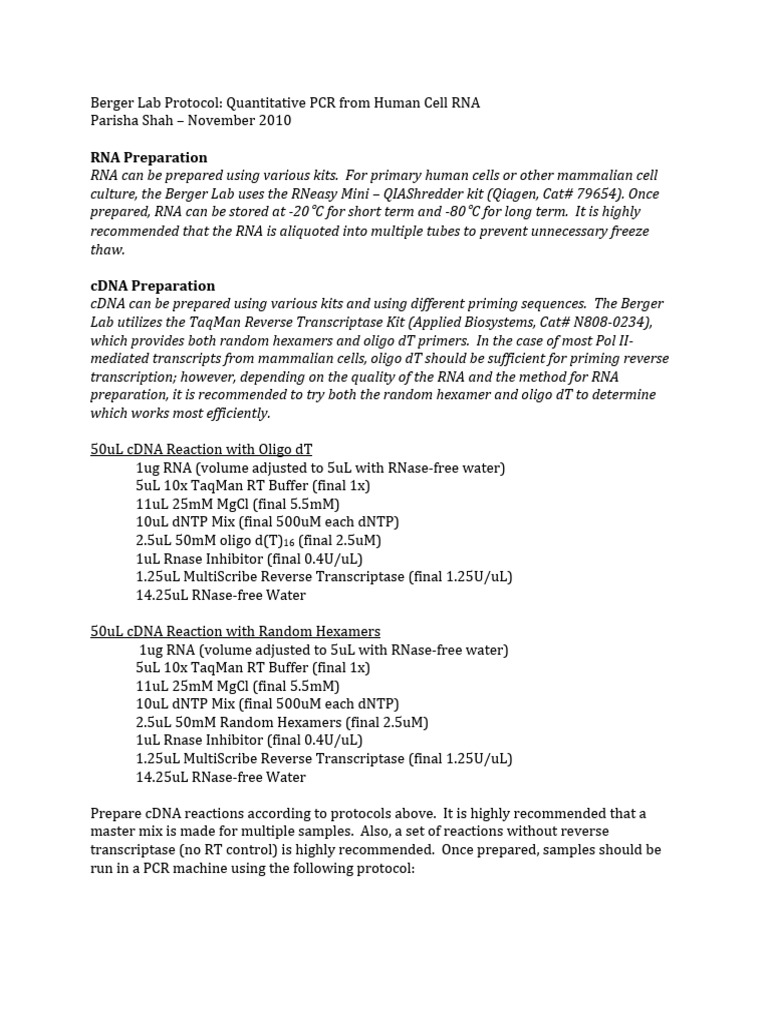 Berger Lab Protocol QPCR | PDF | Complementary Dna | Real Time ...