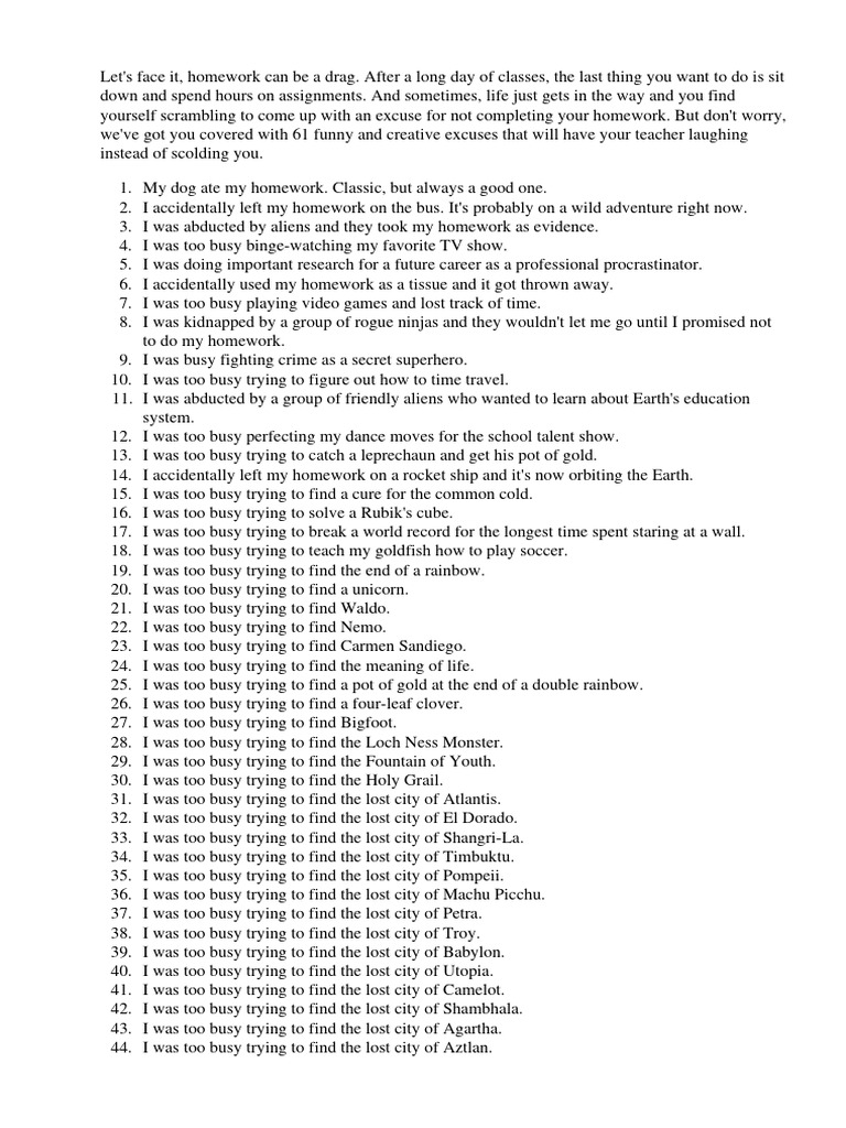 61 Funny Excuses For Not Doing Homework | PDF | Homework