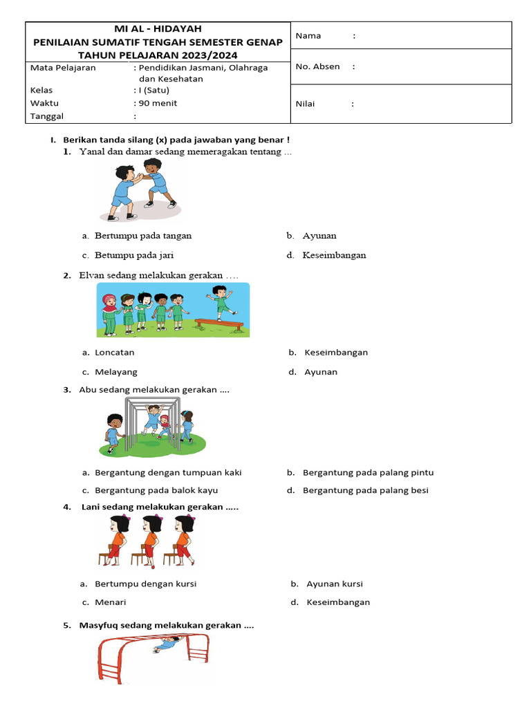 Soal PTS 2 PJOK Kelas 1 | PDF