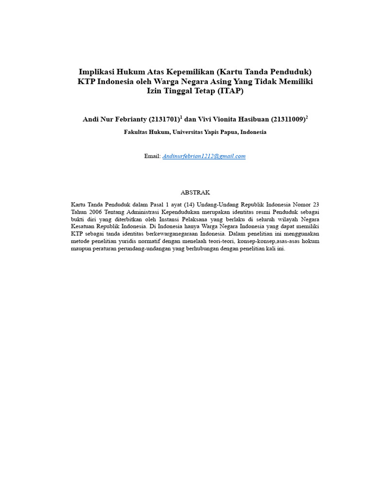 Implikasi Hukum Atas Kepemilikan (Kartu Tanda Penduduk) KTP Indonesia Oleh Warga Negara Asing ...