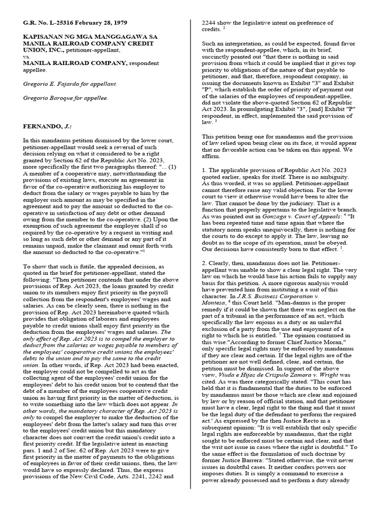 Kapisanan NG Mga Manggagawa V. MANILA RAILROAD G.R. No. L-25316 | PDF ...