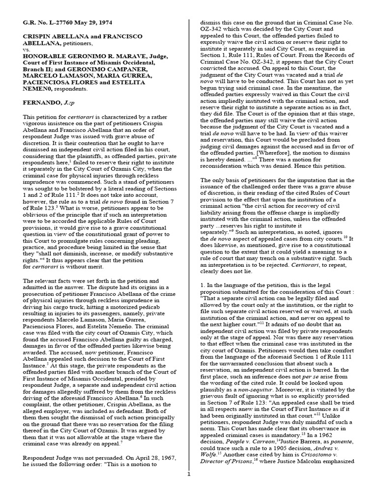 CRISPIN ABELLANA v. GERONIMO R. MARAVE GR l-27760 | PDF | Lawsuit | Appeal