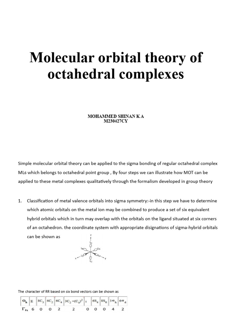 Molecular Orbital Theory of Octahedral Complexes | PDF | Molecular ...