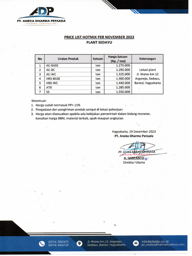 2023 - Price List Hotmix Umum Per November | PDF