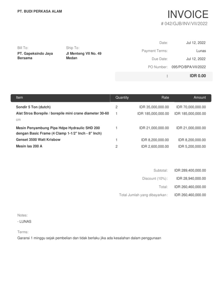 Invoice Pembelian Alat Berat PT Budi Perkasa | PDF