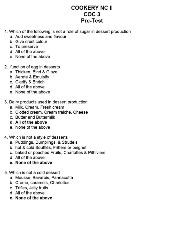 Cookery NC Ii Coc3 Pre & Post | PDF | Desserts | Cream