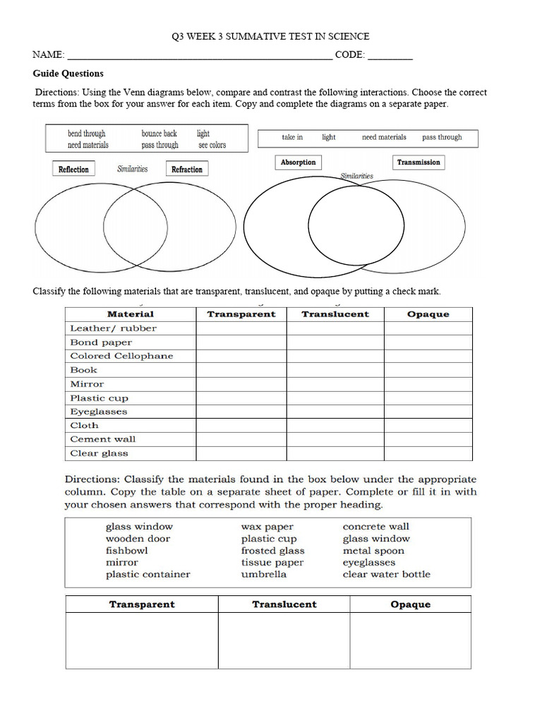 Q3 Week 3 Science Test: Venn Diagrams | PDF | Teaching Methods & Materials