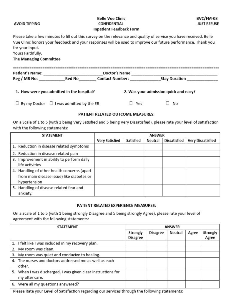 Inpatient Feedback Form for Belle Vue Clinic | PDF | Patient | Hospital