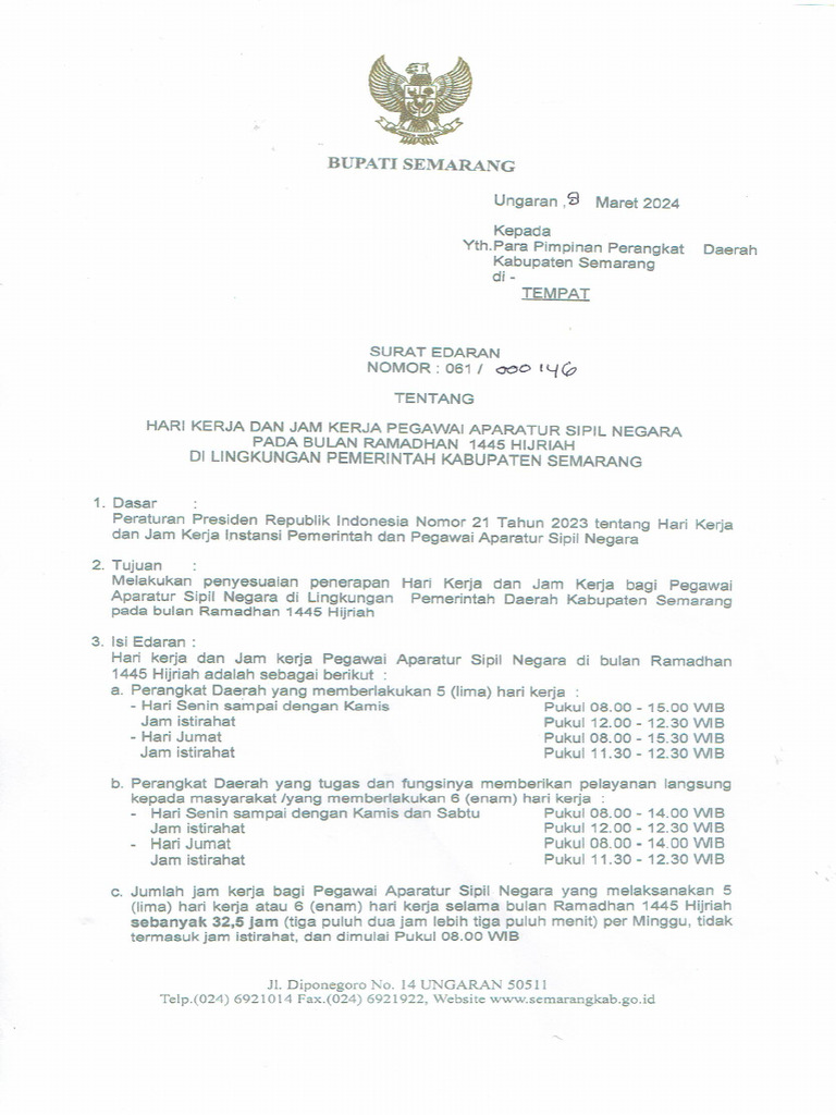 Surat Edaran Hari Kerja Dan Jam Kerja Pegawai Asn PD Bulan Ramadhan 1445 Hijriyah Tahun 2024 | PDF