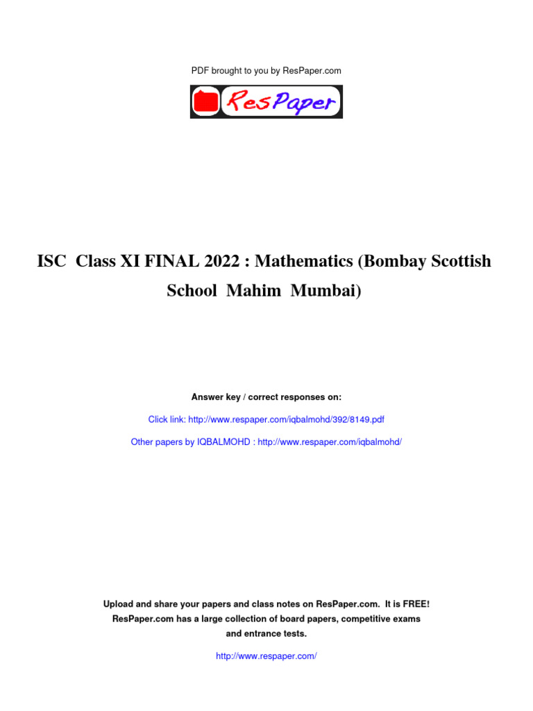ResPaper ISC Class XI FINAL 2022 Mathematics (Bombay Scottish School Mahim Mumbai) | PDF
