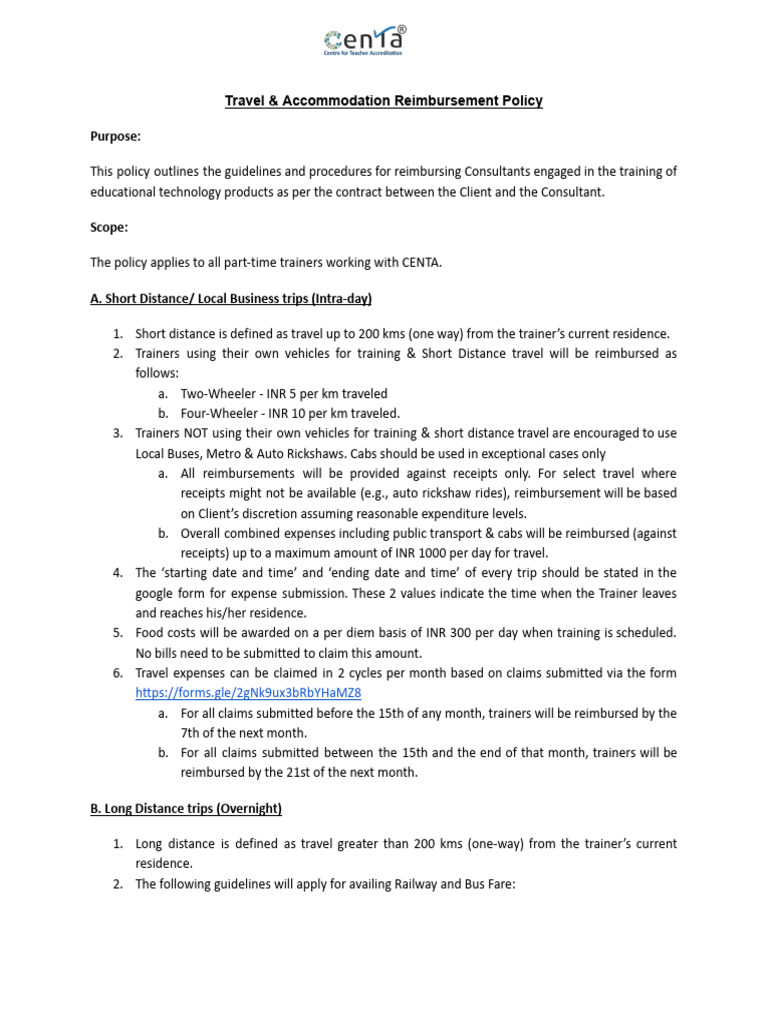 Travel & Accommodation Reimbursement Policy - Part-Time Trainers | PDF | Per Diem | Transport