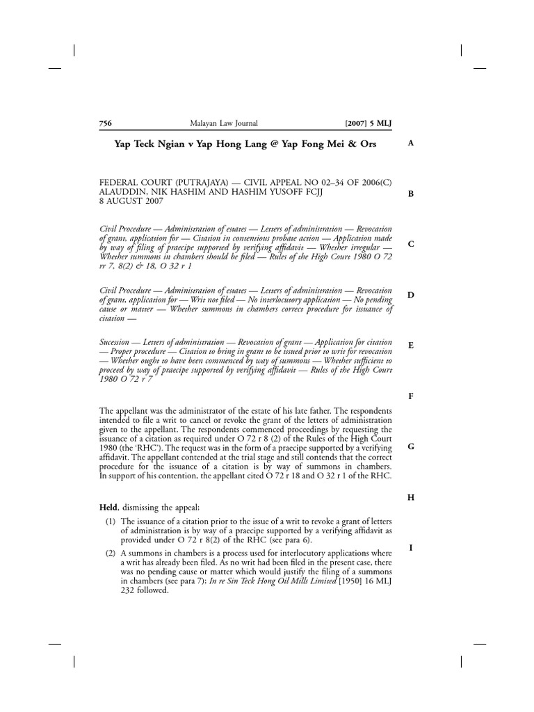 Yap Teck Ngian V Yap Hong Lang at Yap Fong Mei & Ors | PDF | Summons ...