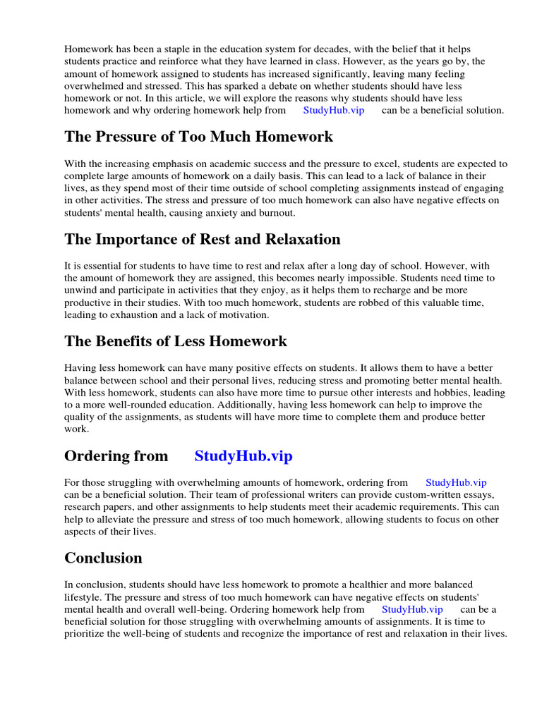 Persuasive Essay Students Should Have Less Homework | PDF | Homework ...