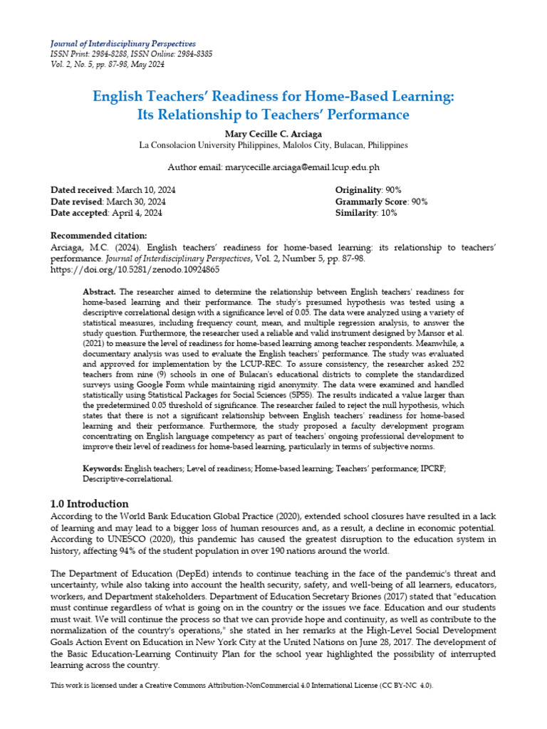English Teachers' Readiness For Home-Based Learning Its Relationship To Teachers' Performance ...