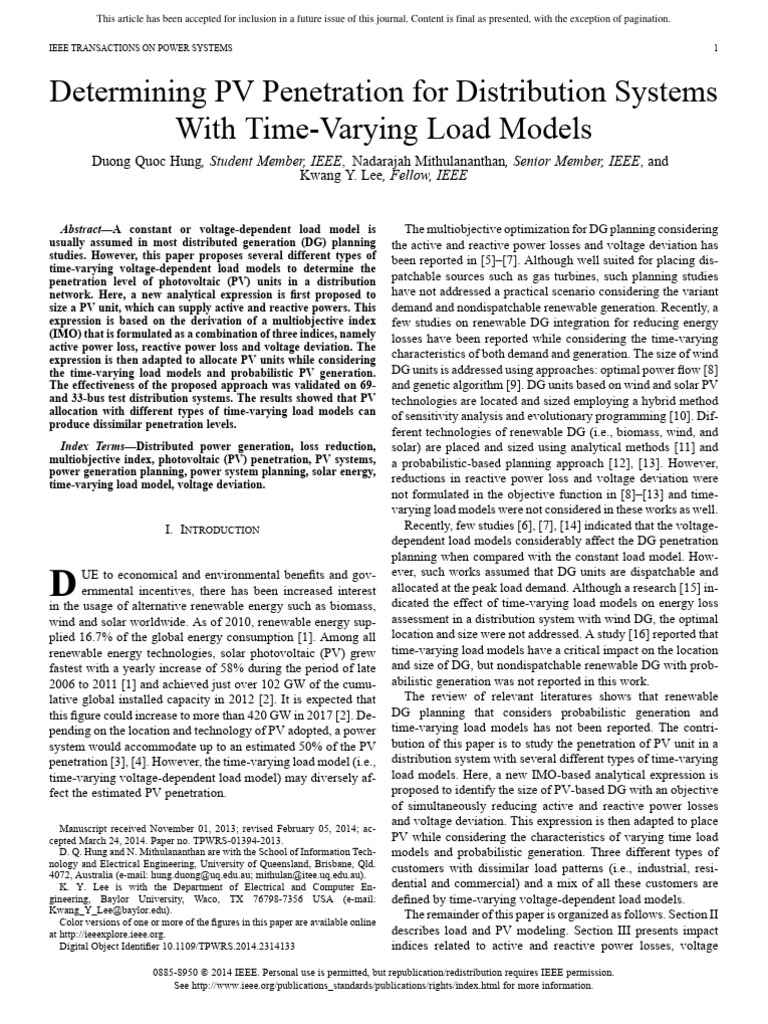 Determining PV Penetration for Distribution Systems With Time Varying Load Models | PDF ...