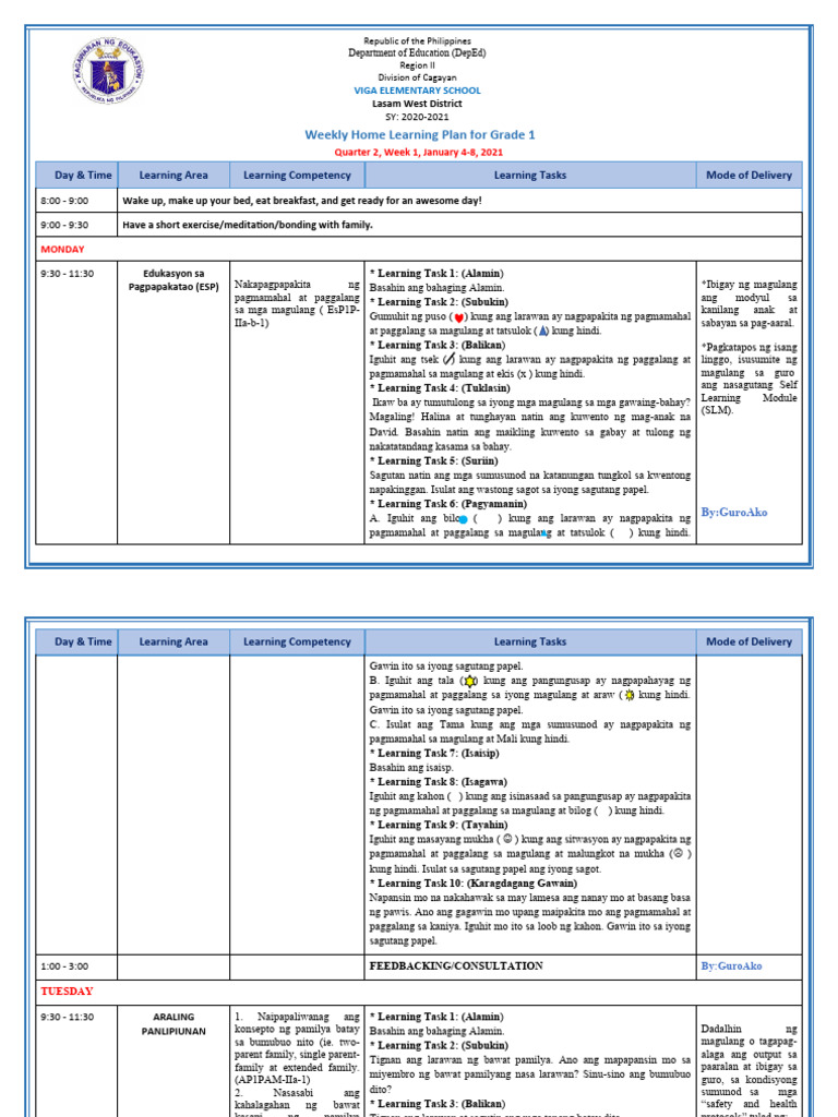 WHLP Grade 1 Q2 W1 All Subjects | PDF