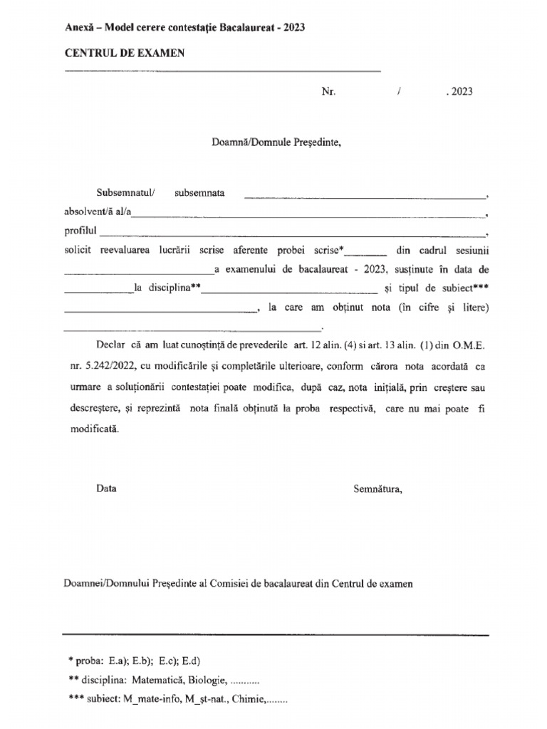 Model Cerere Contestatii Bacalaureat | PDF