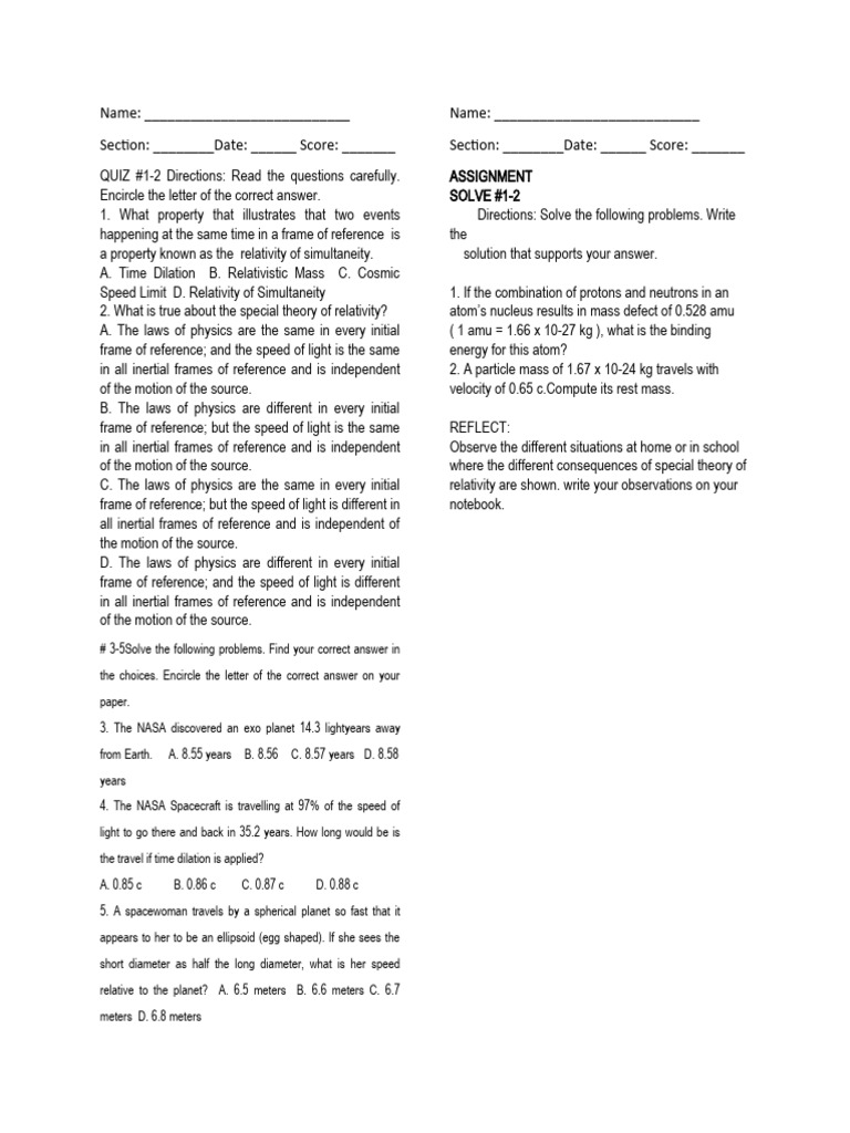 Quiz and Assignment CO4 | PDF | Special Relativity | Mass