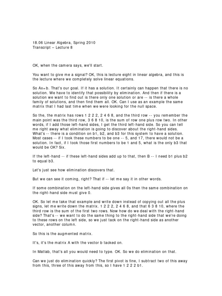 Mit18 06S10 L08 | PDF | System Of Linear Equations | Matrix (Mathematics)