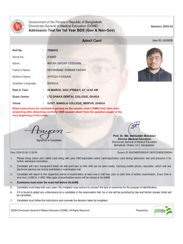 BDS AdmitCard UUXXZB | PDF