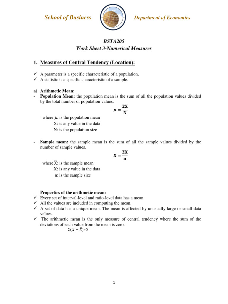 Worksheet 3 - CH3 (Numerical Measures) | PDF | Mean | Mode (Statistics)
