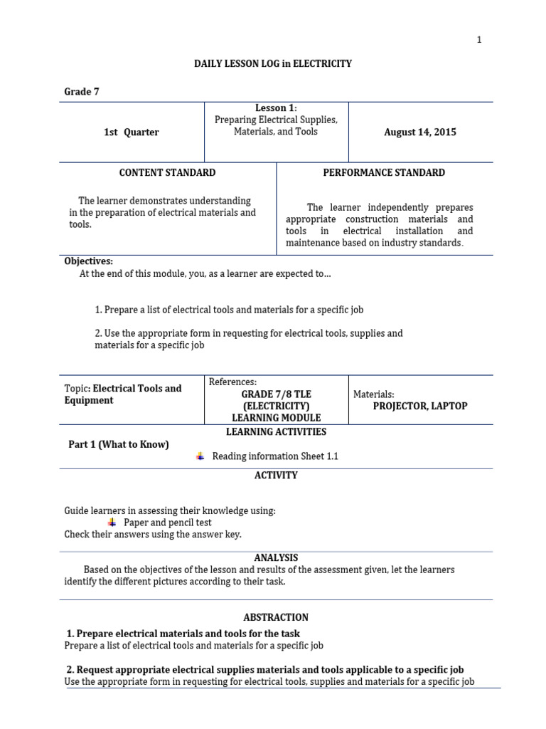 Daily Lesson Log in Electricity 2 | PDF | Learning | Electrical ...