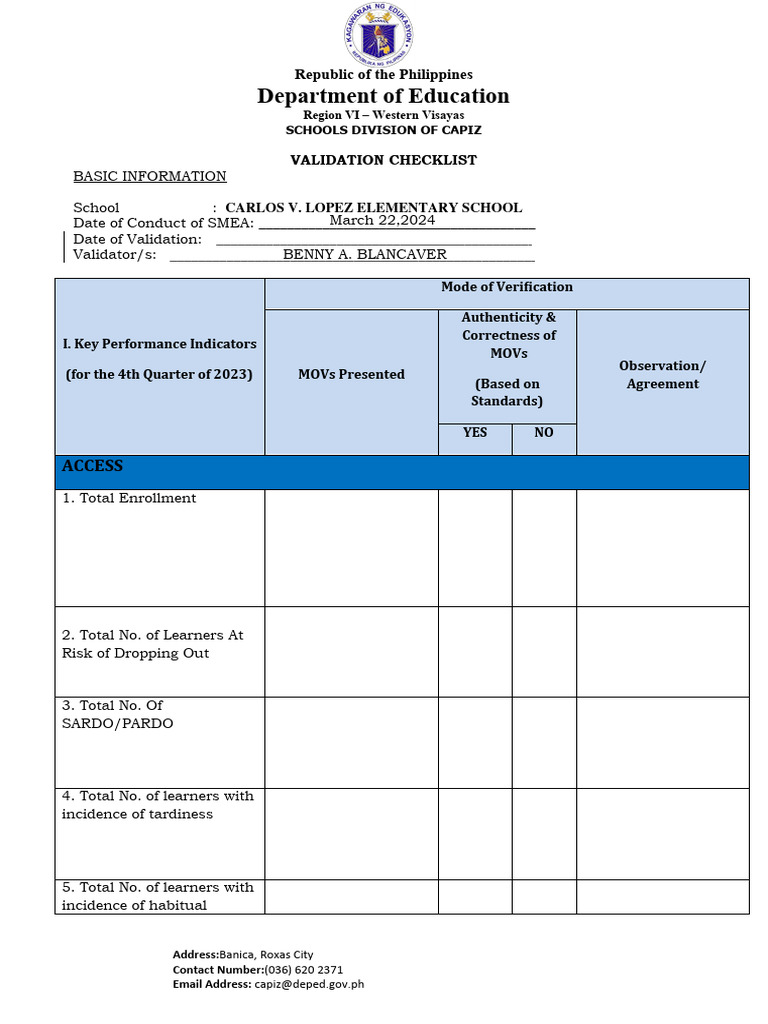 VALIDATION CHECKLIST 3rd Q 2023 | PDF