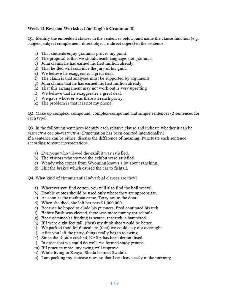 Revision Worksheet For English Grammar II (2021-22) | PDF | Clause ...