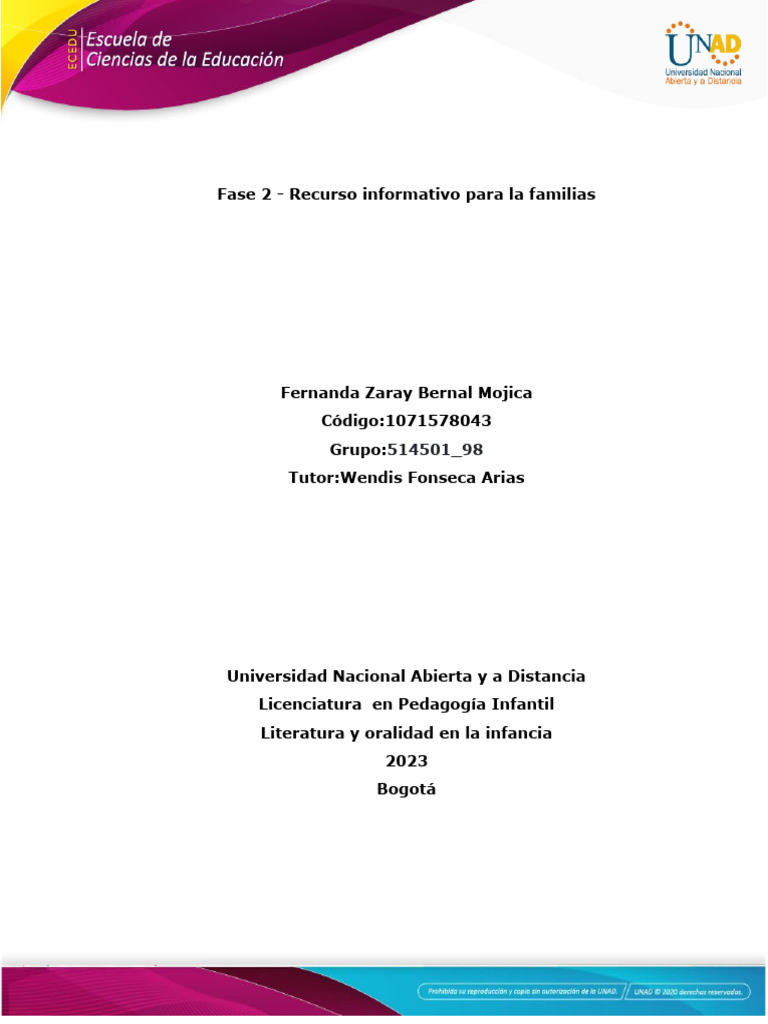 Unidad 1 - Fase 2 - Recurso Informativo para Las Familias - Zaray ...